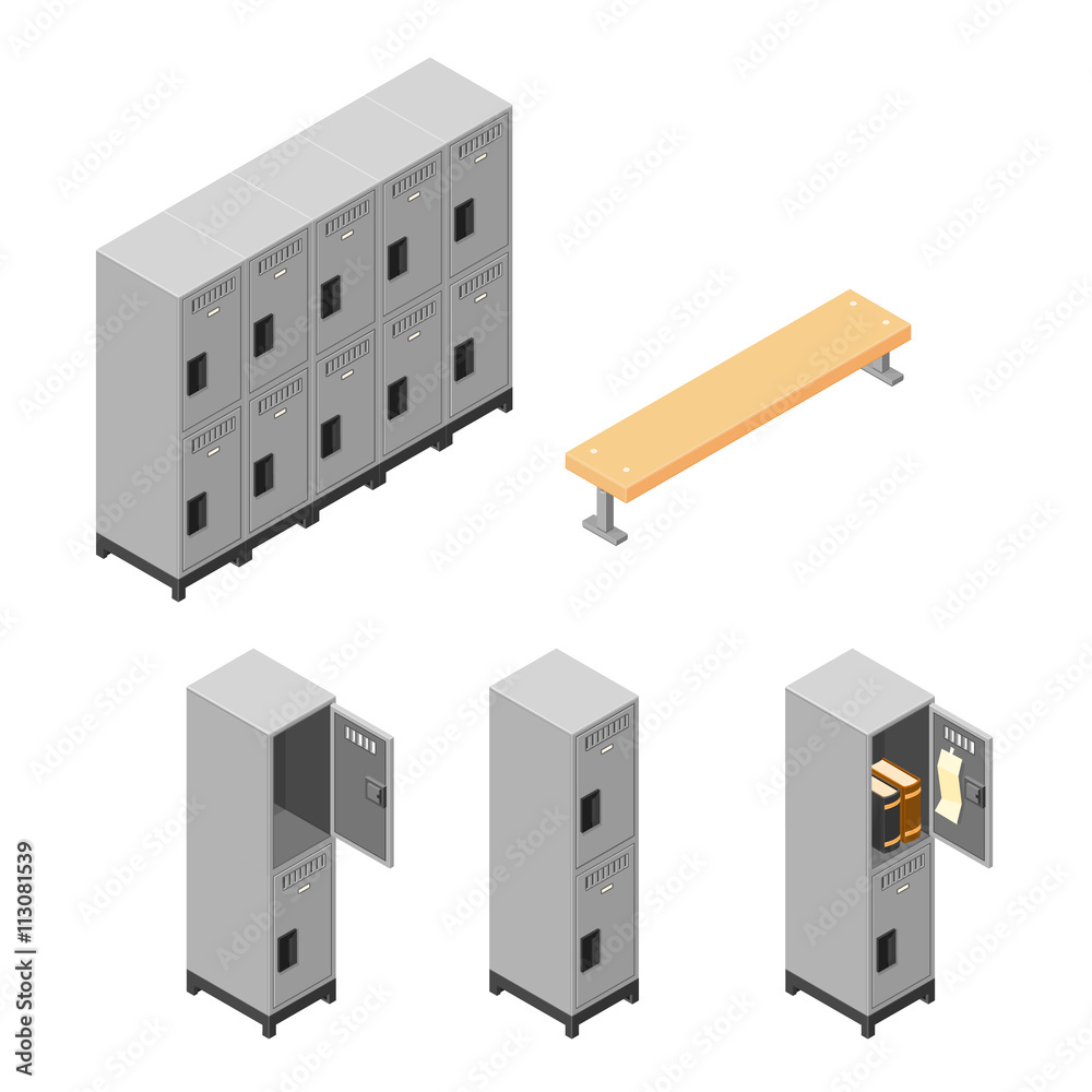 Vector isometric illustration of a locker room icon set. Set of Locker ...