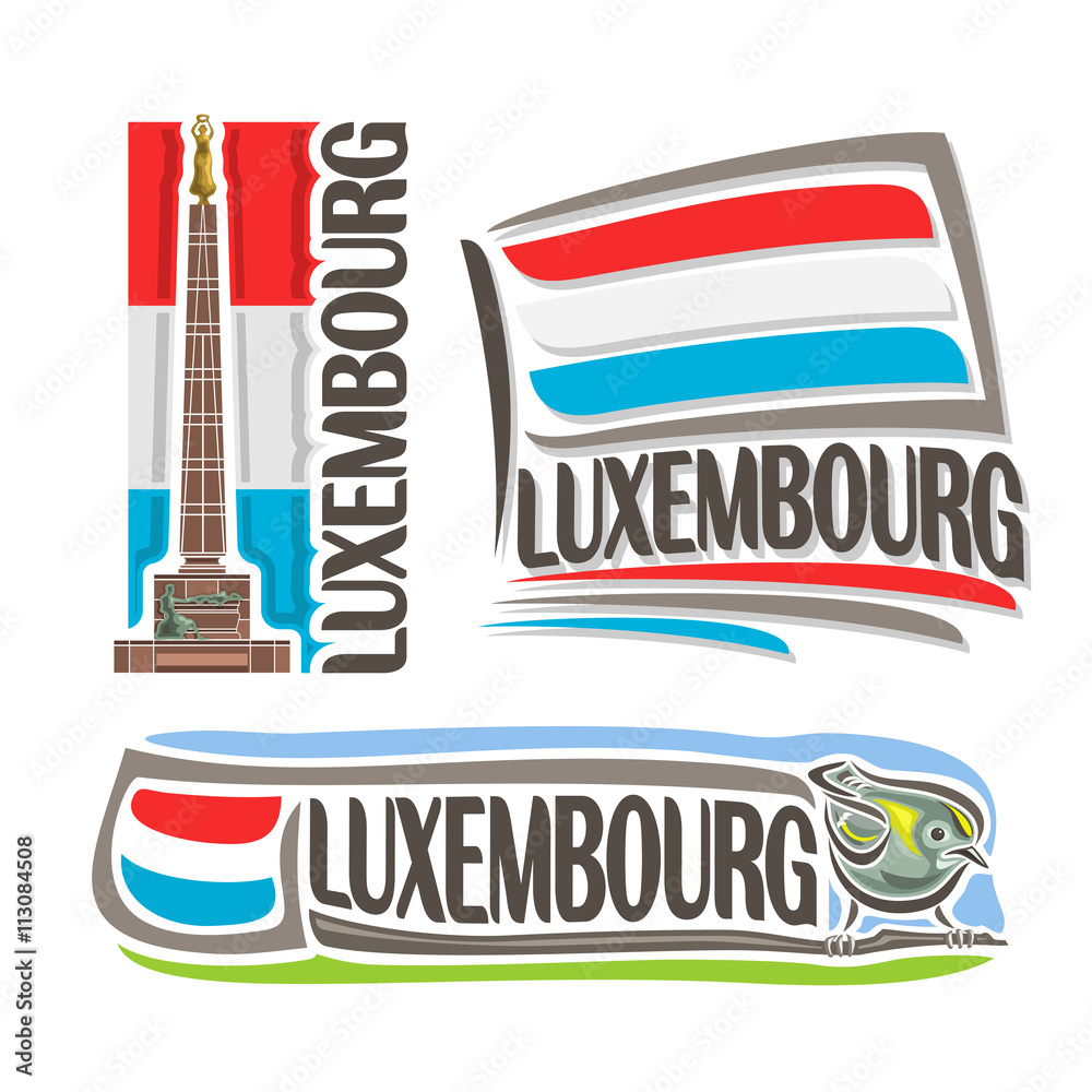 Vector logo Luxembourg, 3 isolated illustrations: statue of golden lady ...