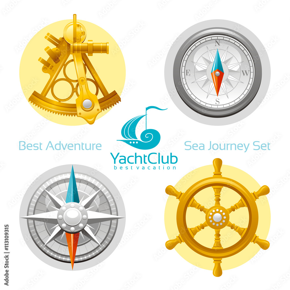 Sea travel icon set with seafaring icons sextant, compass, compass rose ...