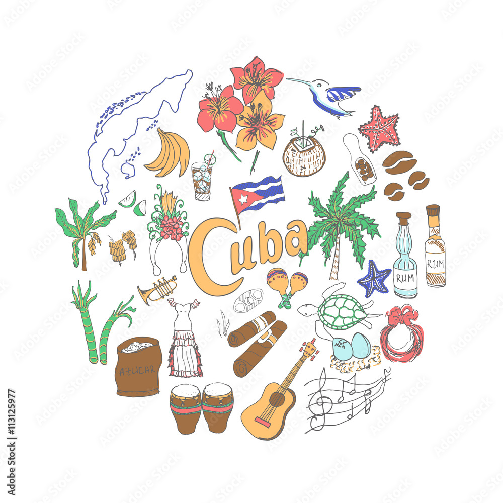 Set of hand drawn Cuba icons, Cuban sketch illustration, doodle ...
