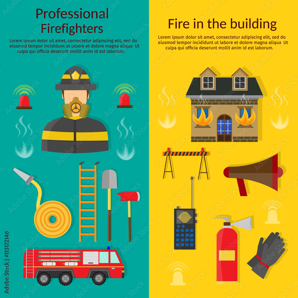 Vector flat illustration of firefighting character and infographic, axe ...