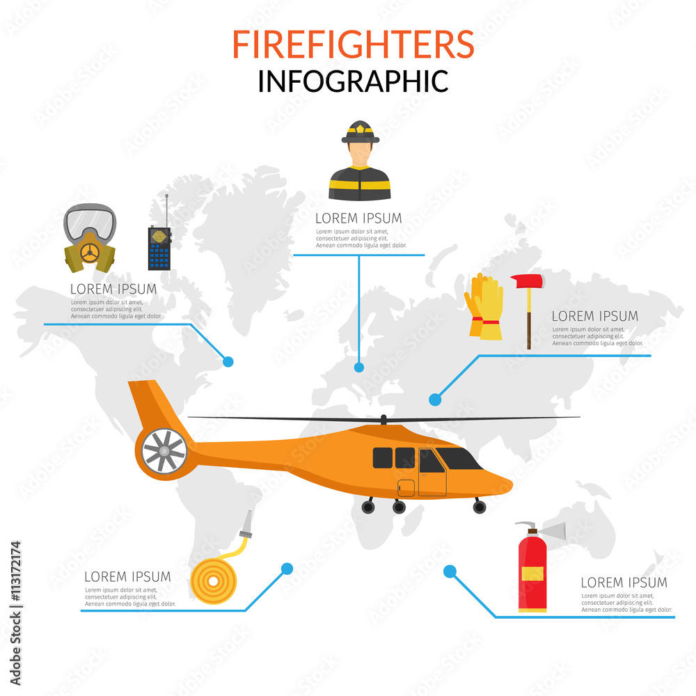 Vector flat illustration of firefighting character and infographic, axe, hook and hydrant ...