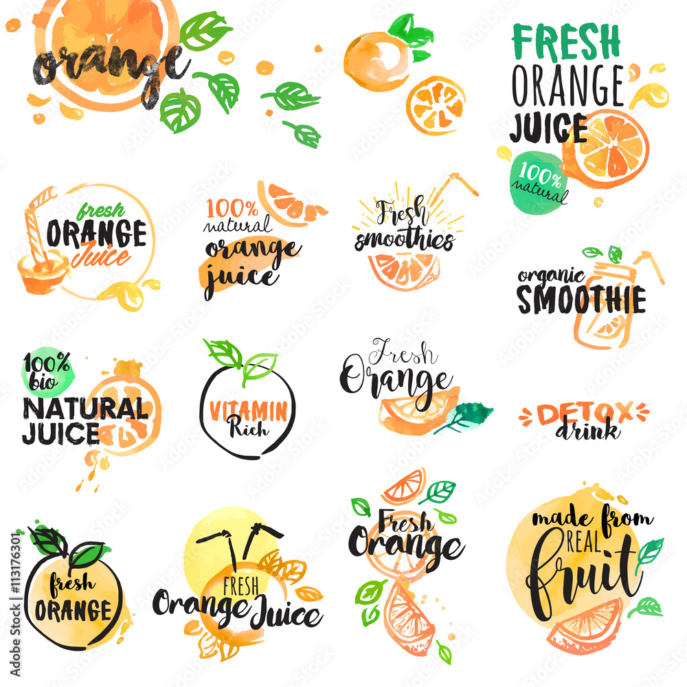 Set of hand drawn watercolor labels and signs of orange juice and ...