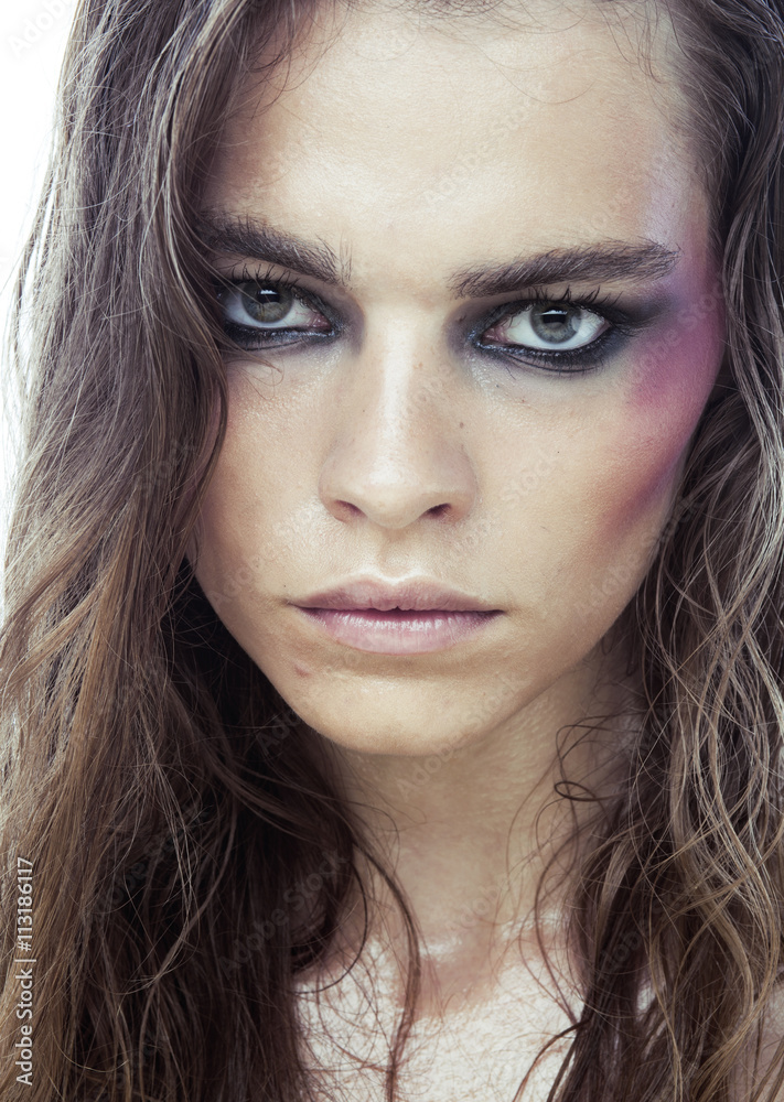 young beauty woman with makeup like shiner on face close up isolated ...