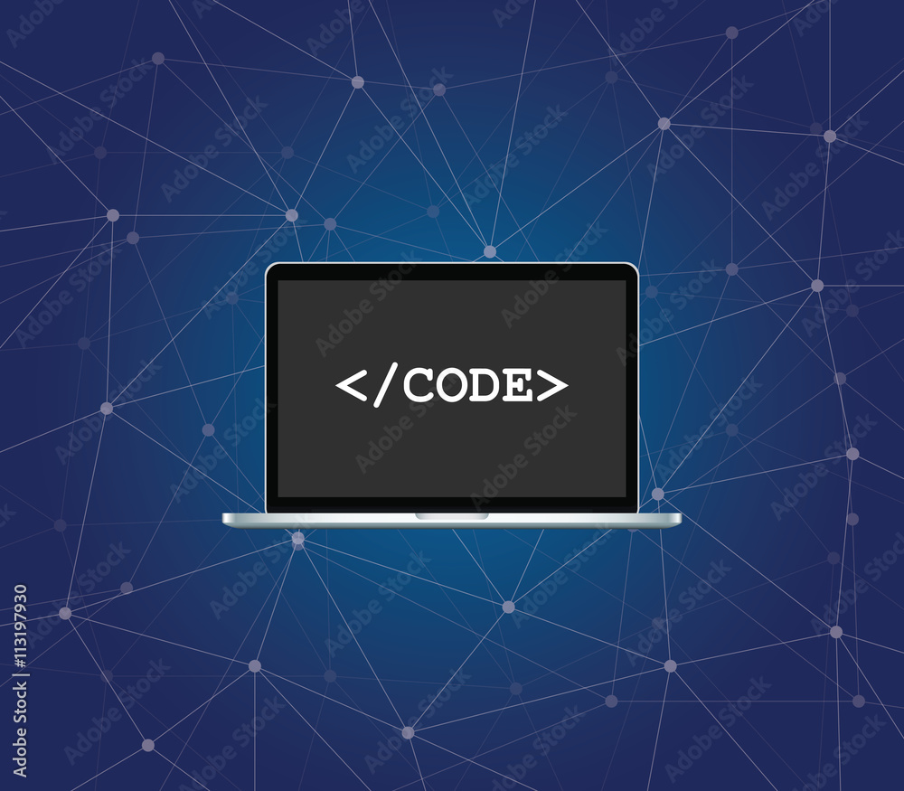 code icon on screen of the laptop with blue background dot connected ...
