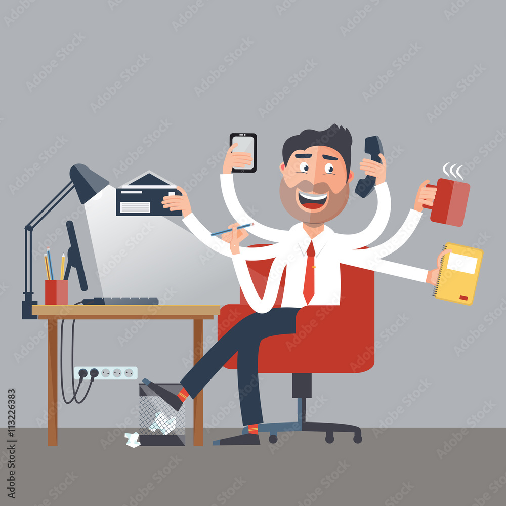 Multitasking Business Man at Work in Office. Happy Man has Six Arms ...