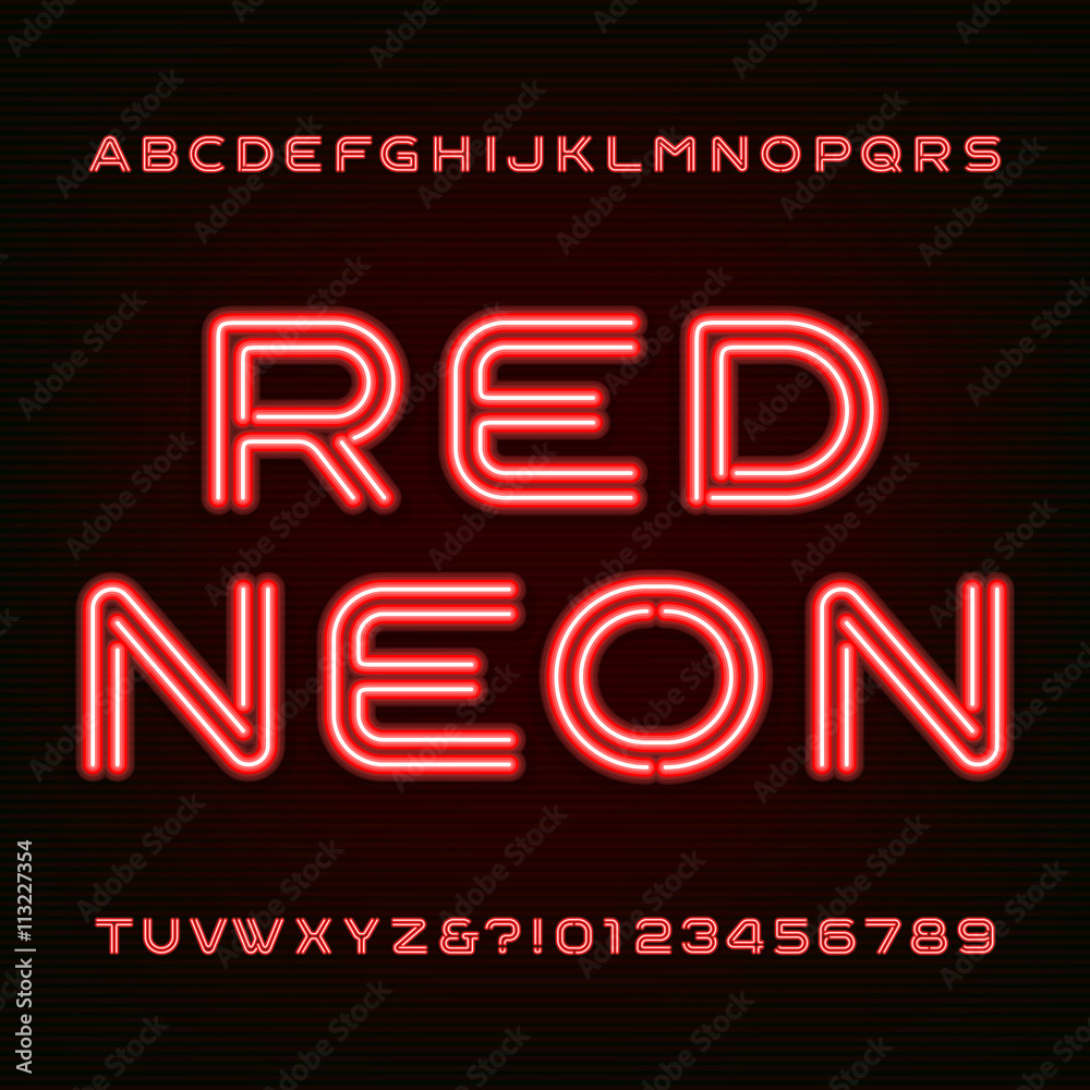 Red neon tube alphabet font. Type letters and numbers on a dark ...