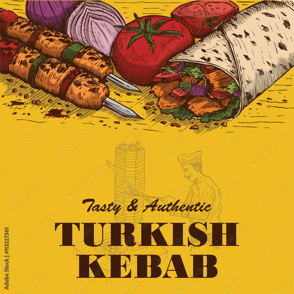 Drawing of doner kebab and shish kebabs with chef slicing meat for ...