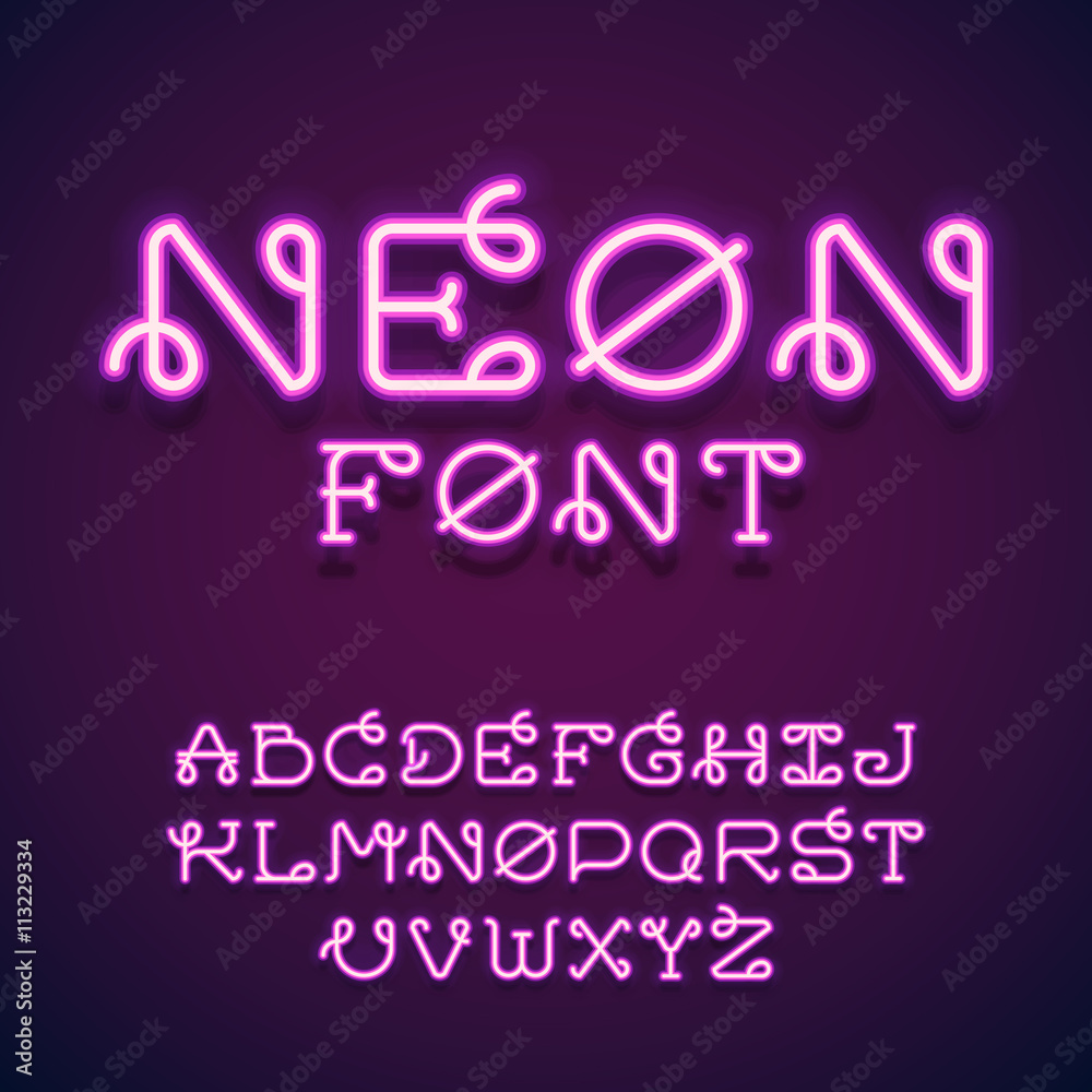 Neon tube hand drawn alphabet font. Script type letters on a dark ...