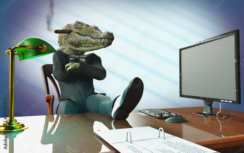 3D Illustration of evil boss in the image of a crocodile sitting in the ...