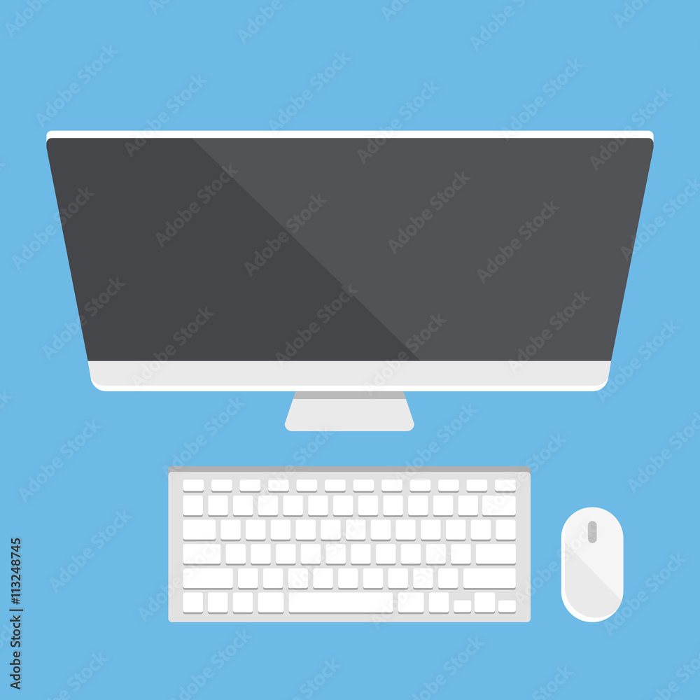 Personal computer. Top view. Computer display, wireless keyboard and ...