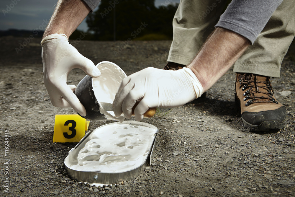 Casting of trasology evidence footprint with gypsum Stock Photo | Adobe ...
