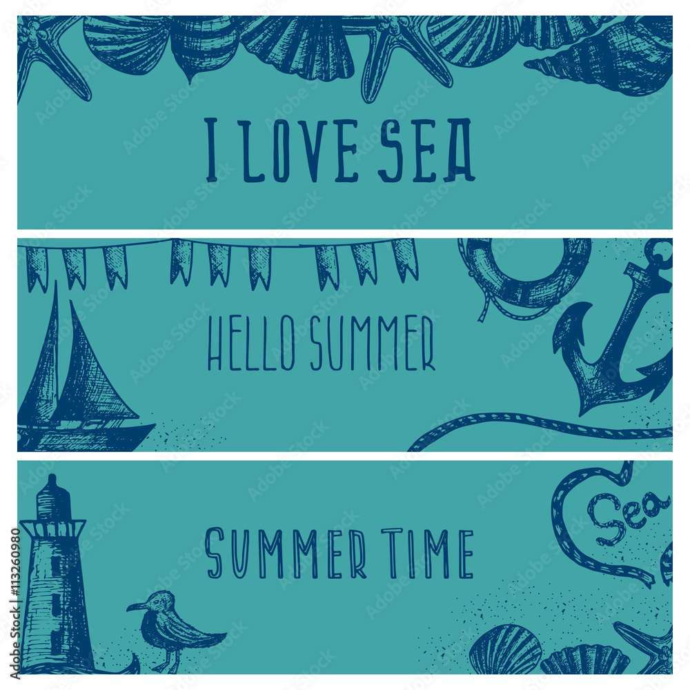 Set of hand drawn sea themed banners. Seagull,lighthouse,shell,b Stock ...