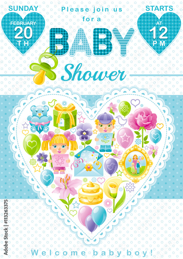 Baby shower invitation design in blue color for boy with child icon set ...