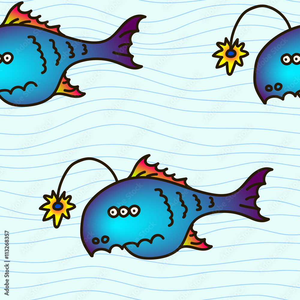 Cartoon party anglefish, seamless pattern. Mariana trench inhabitant ...