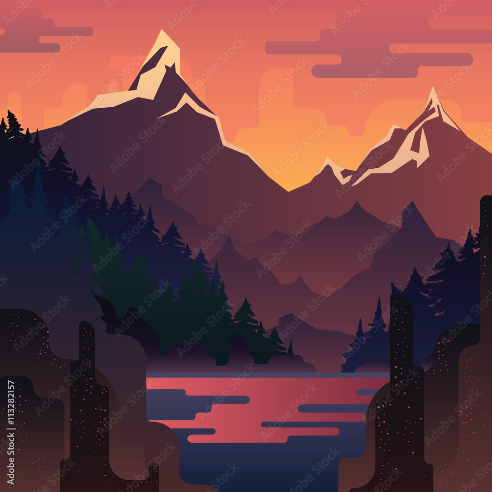 Vector landscape with huge red mountains Stock Vector | Adobe Stock