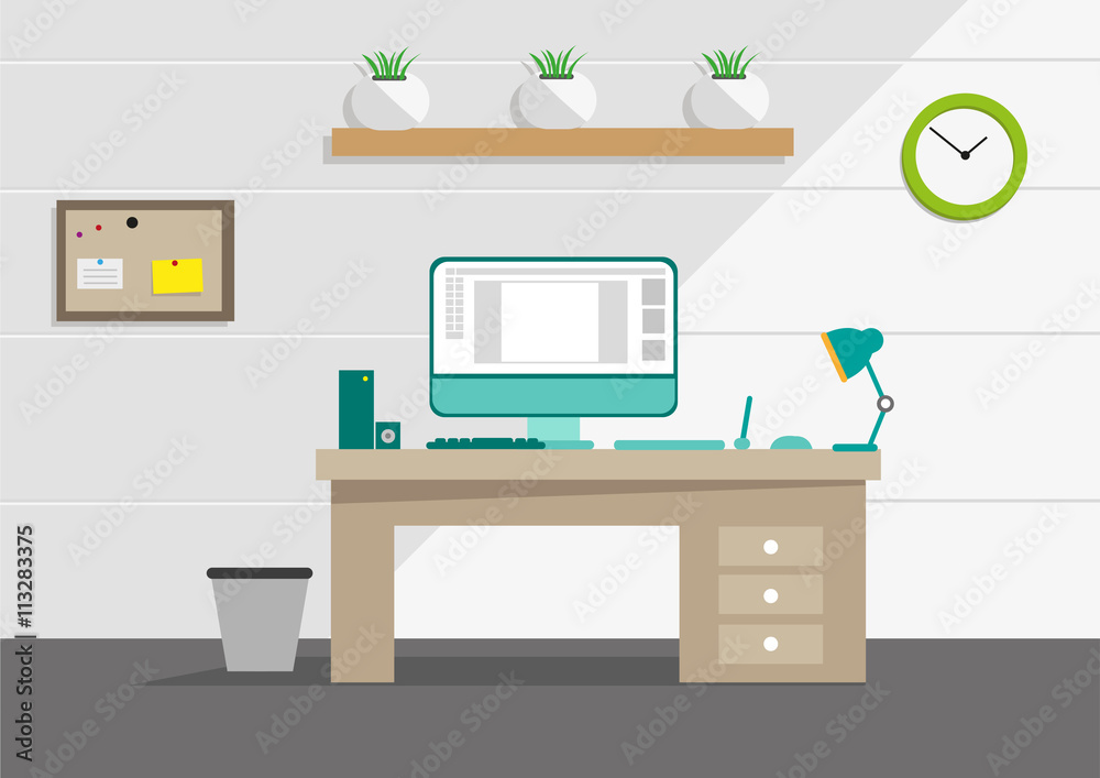 Clean Interior office concept with computer and household tools ...