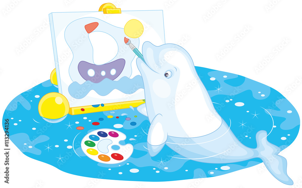 Vetor de Beluga whale drawing a picture with a brush and paints do ...