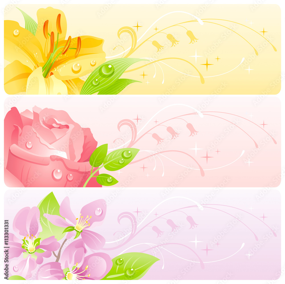 Summer flowers banner set with natural background. Yellow lily, rose ...