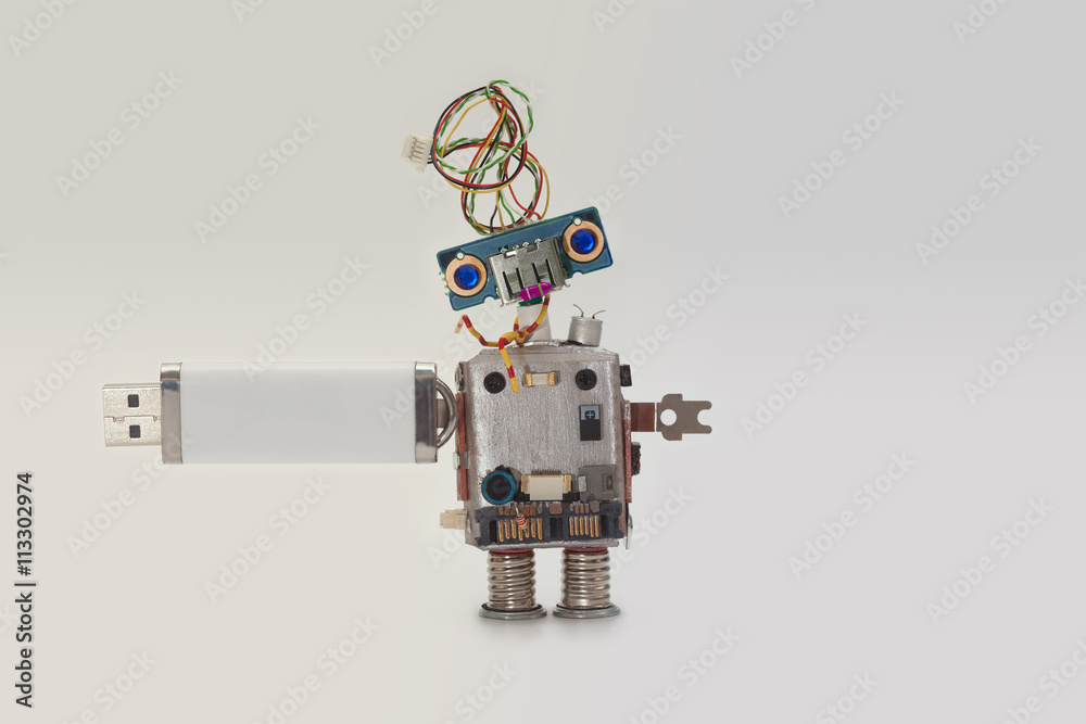 Robot with usb flash storage stick. Data storing concept, abstract ...