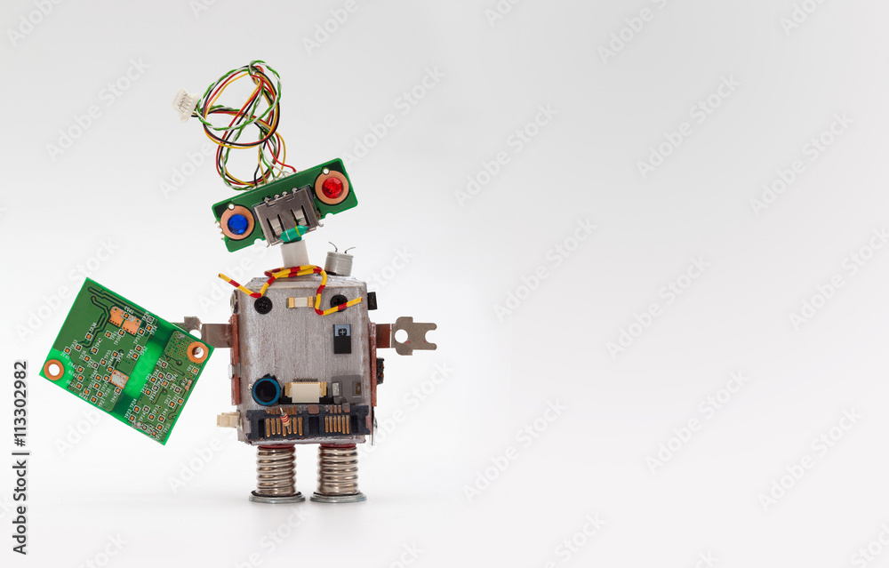 Robot with chip board. Computer accessories toy mechanism, funny head ...
