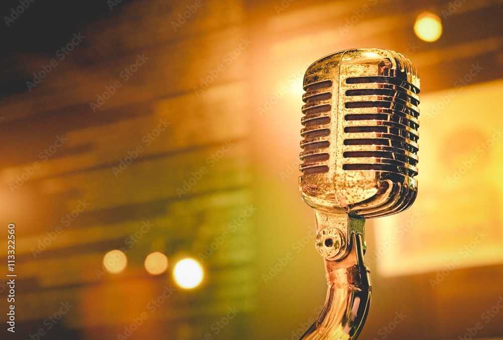 Vintage look filter with place for your text, Retro Microphone On Stage ...