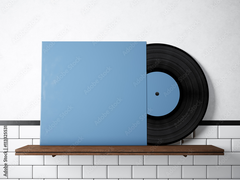 Photo vinyl music album template on natural wood bookshelf.White ...
