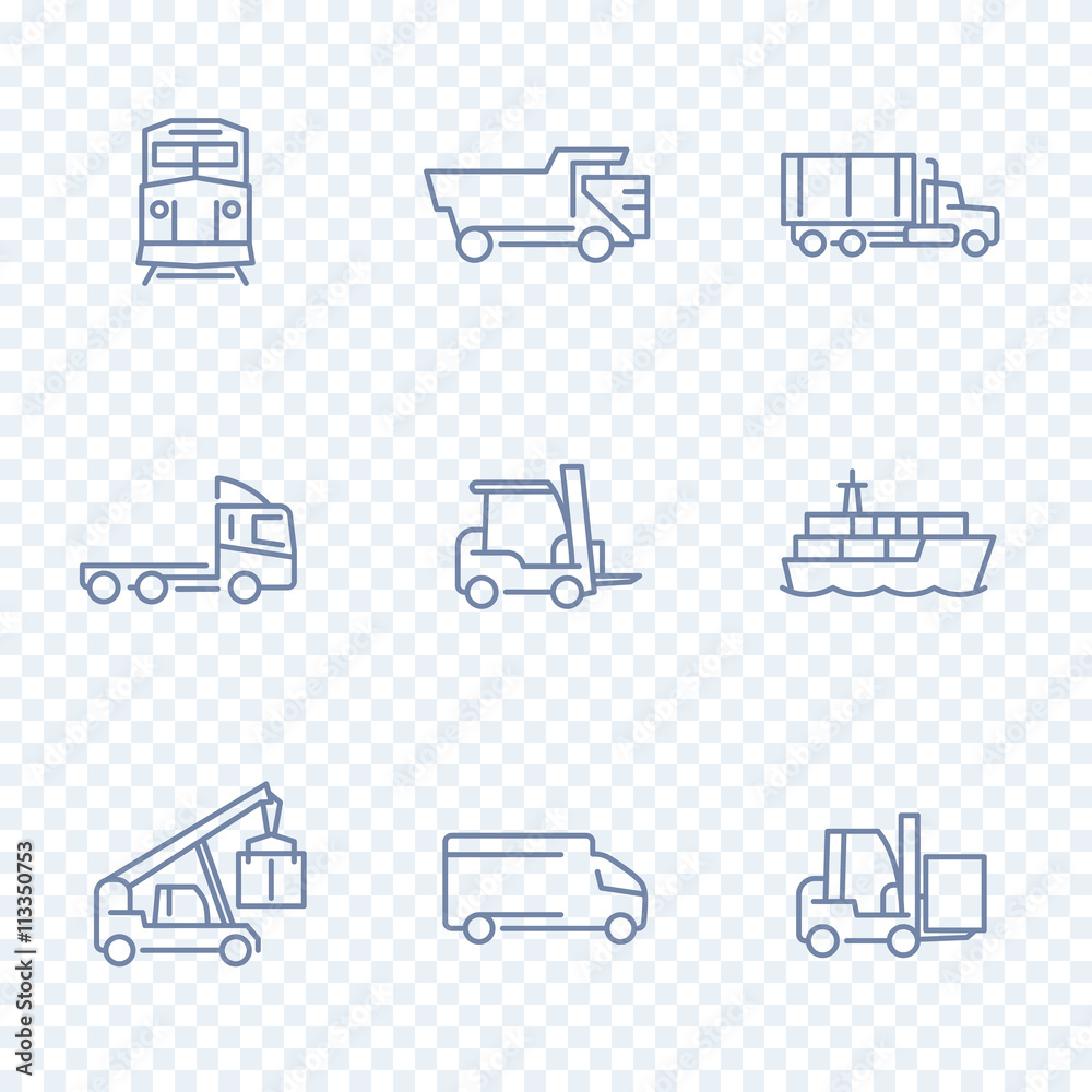 Transportation icons, forklift, cargo ship, train, truck, transit ...