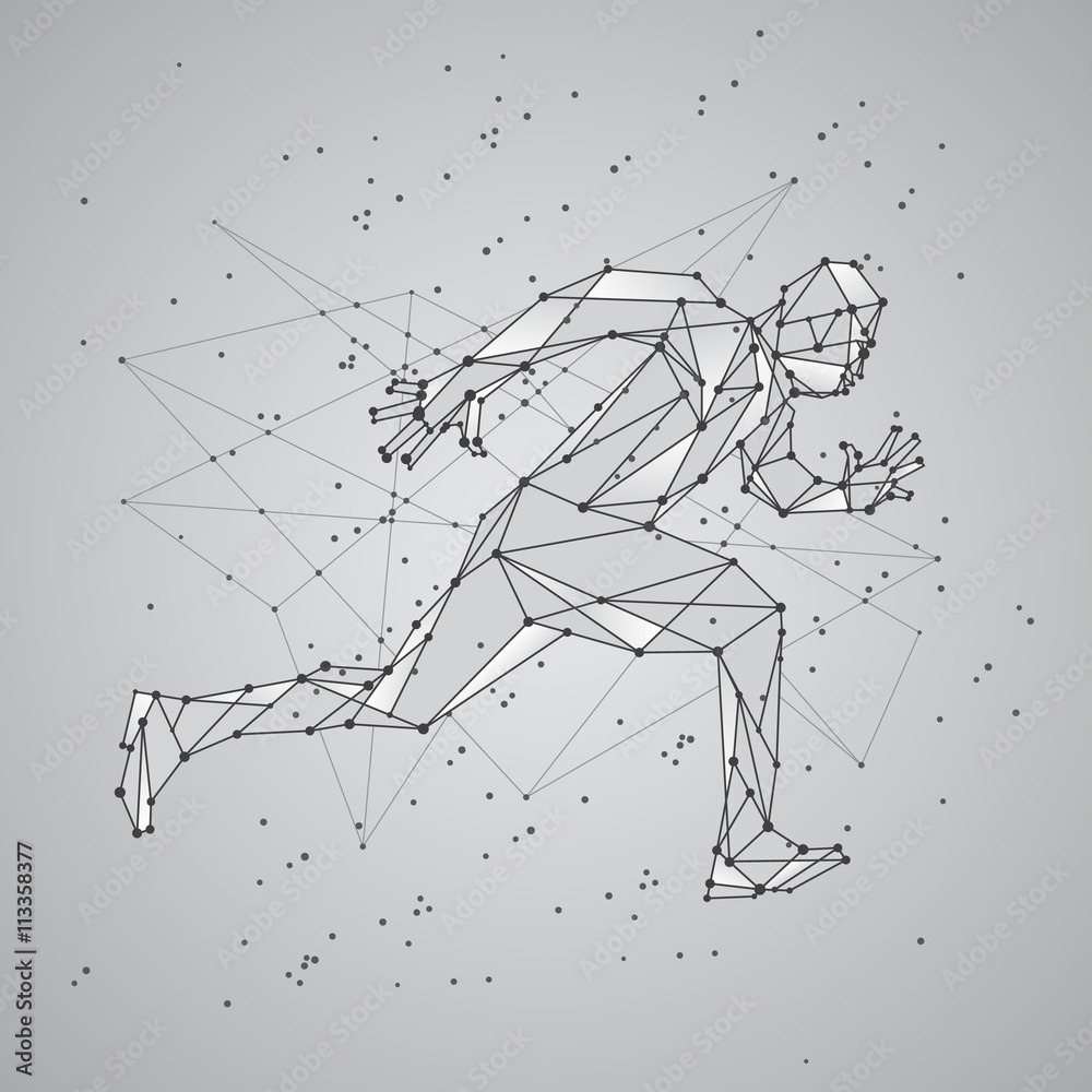 Polygon mesh silhouette of running man. Vector low poly black lines and ...