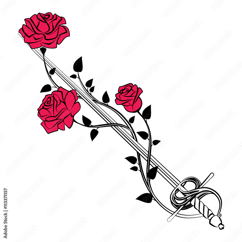 Decorative roses with sword. Blade entwined roses. Floral design Stock ...