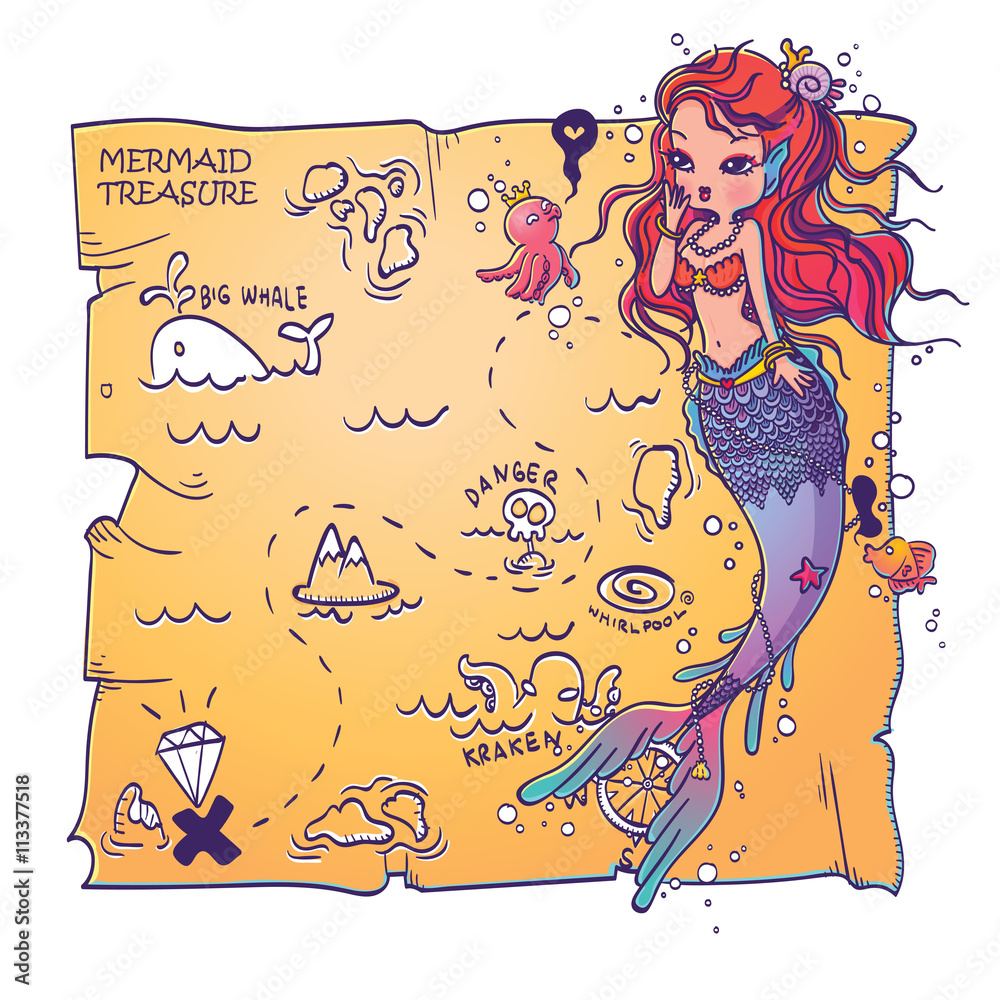 Vector Illustration of a Mermaid and Treasure Map on White Background ...