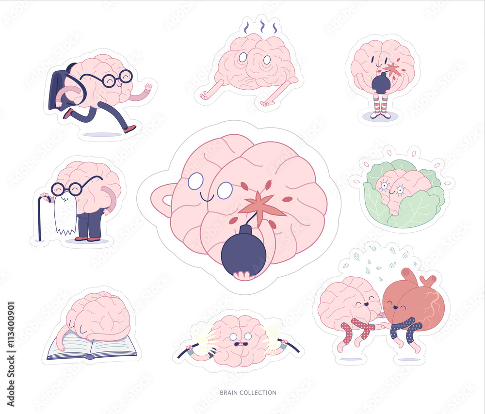 Brain stickers education and stress printable set, cartoon vector ...