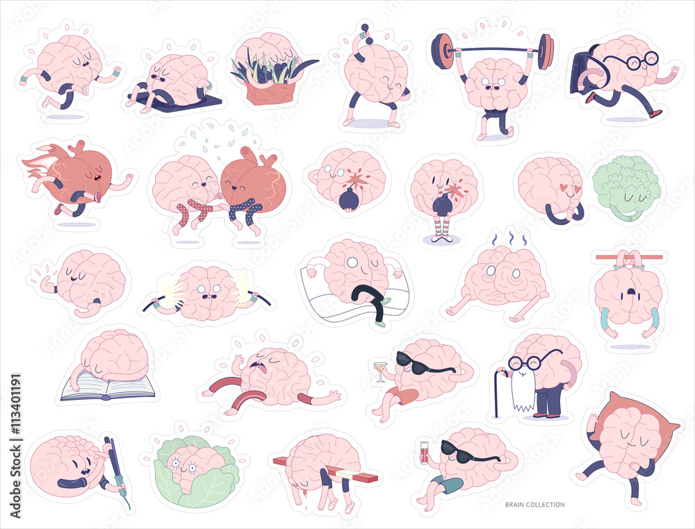 Brain stickers printable set, flat cartoon vector isolated images with ...