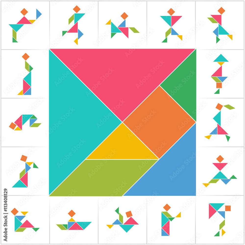 Tangram set, people. Printable solution cards for traditional Chinese ...