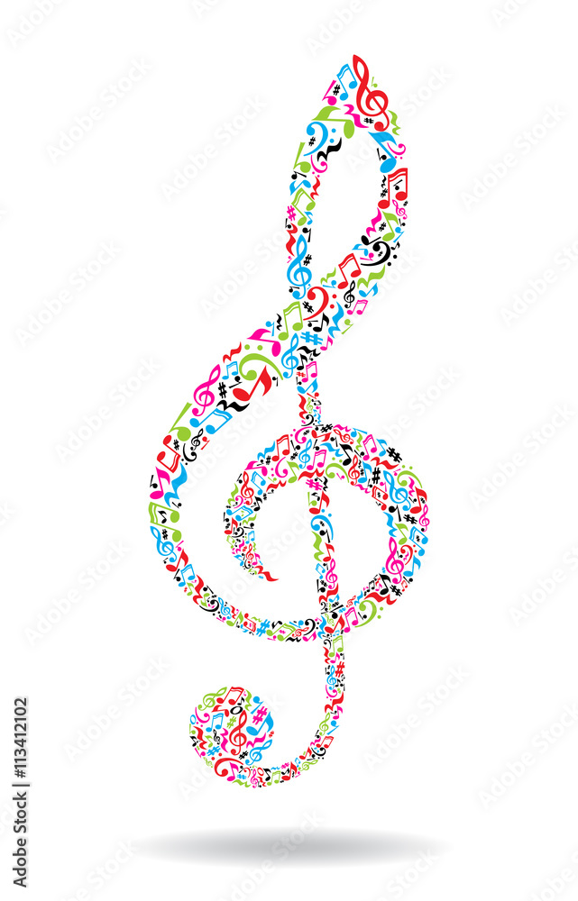 Treble clef made of musical notes on white background. Colorful notes ...