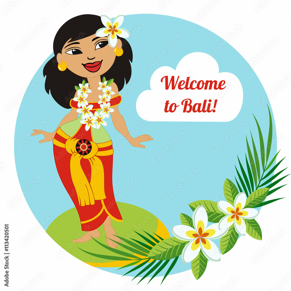 Beautiful Balinese Girl. Greeting card, invitation: Welcome to Bali! It ...
