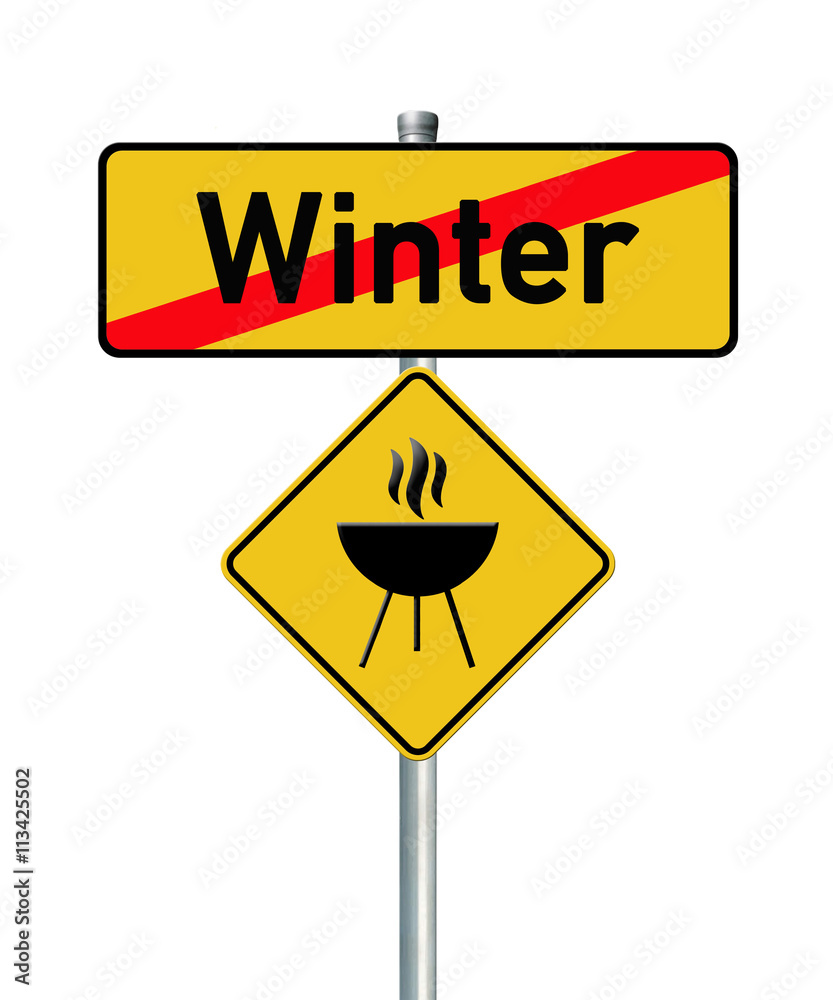 Grillsaison 5 / Schild "Winter (durchgestrichen) mit Grill-Symbol Stock ...