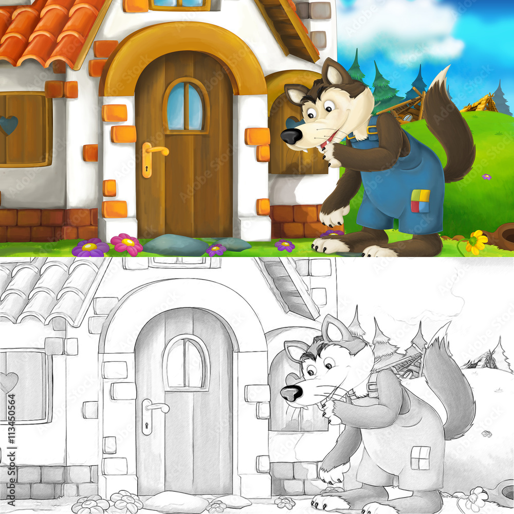 Cartoon scene of wolf standing tired in front of the brick house - with ...