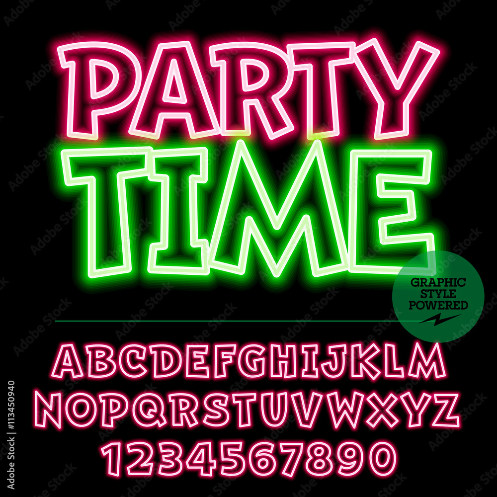 Neon bright set of alphabet letters, numbers and punctuation symbols ...