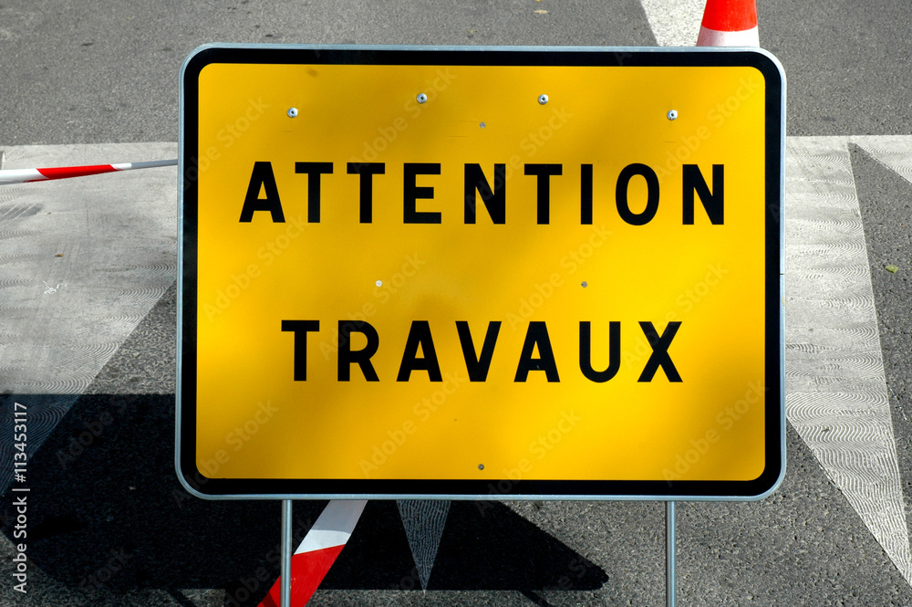 Panneau provisoire attention travaux Stock Photo | Adobe Stock