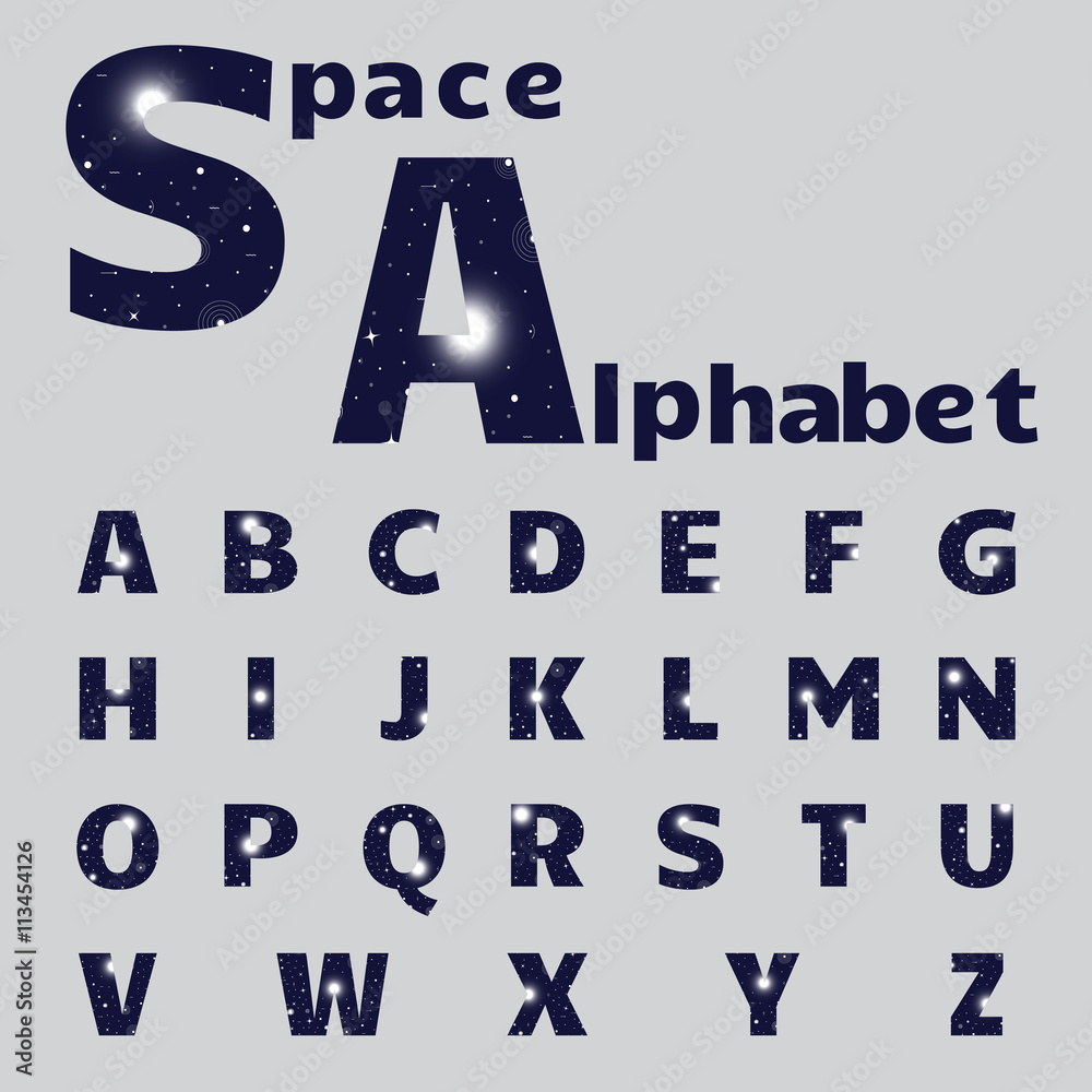 Alphabet in outer space theme. The letters are decorated with stars ...