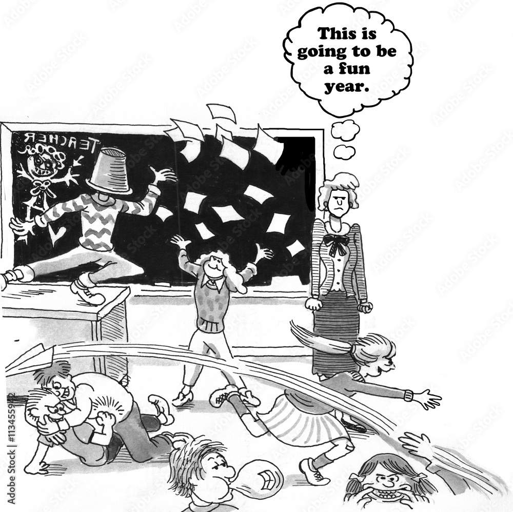 Education cartoon about a chaotic classroom. Stock Illustration | Adobe ...