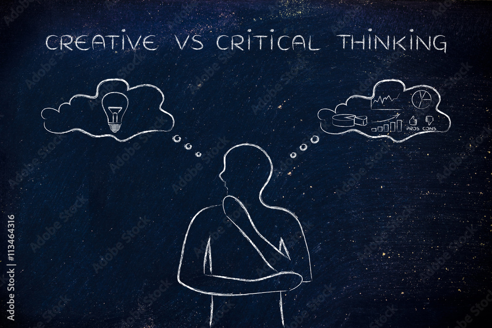 creative vs critical thinking, man with contrasting thought bubb Stock ...