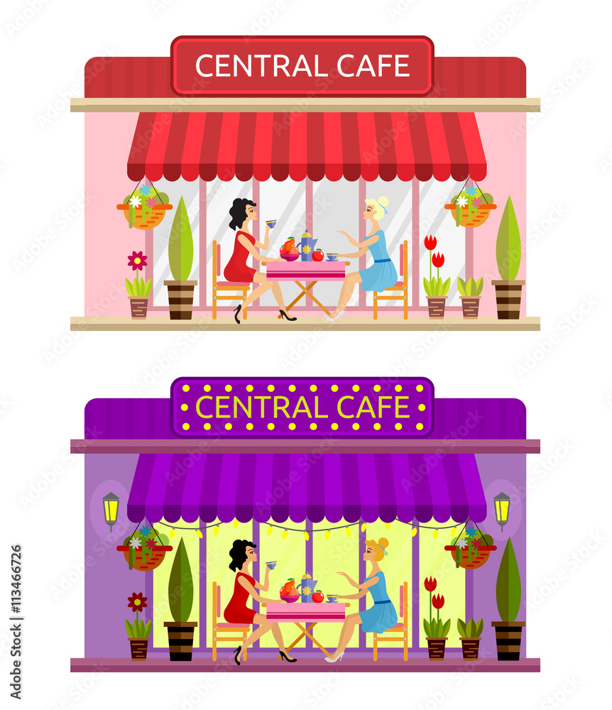 Open cafe building facade. Vector. Flat. Stock Vector | Adobe Stock