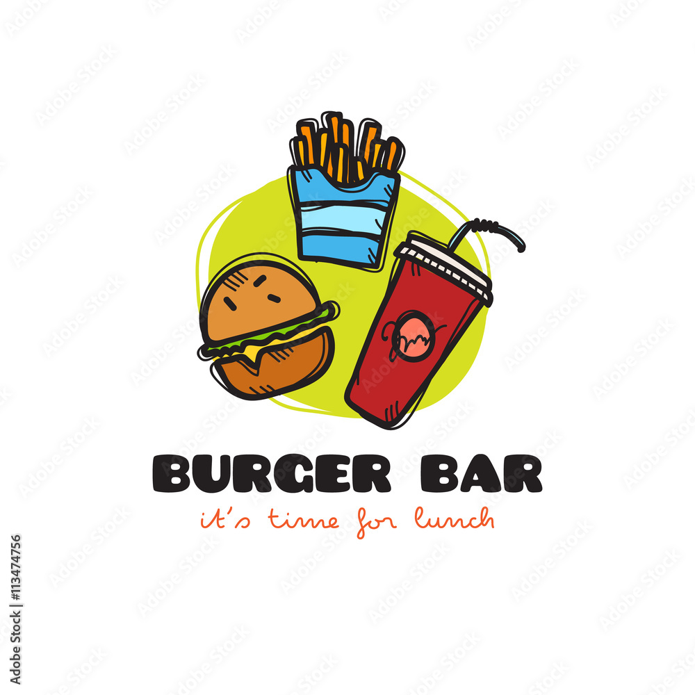 Vector funny cartoon style snack bar logo with burger, fries and soda ...