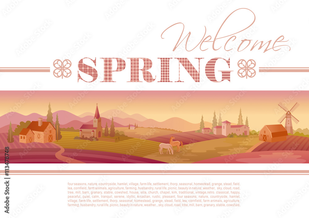 Idyllic farming landscape flayer design with text logo Welcome Spring ...