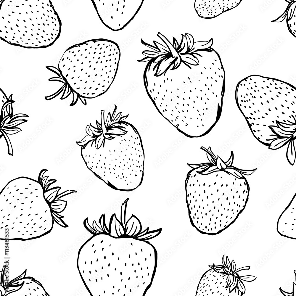 Vector seamless pattern with strawberries. Hand draw black white ...