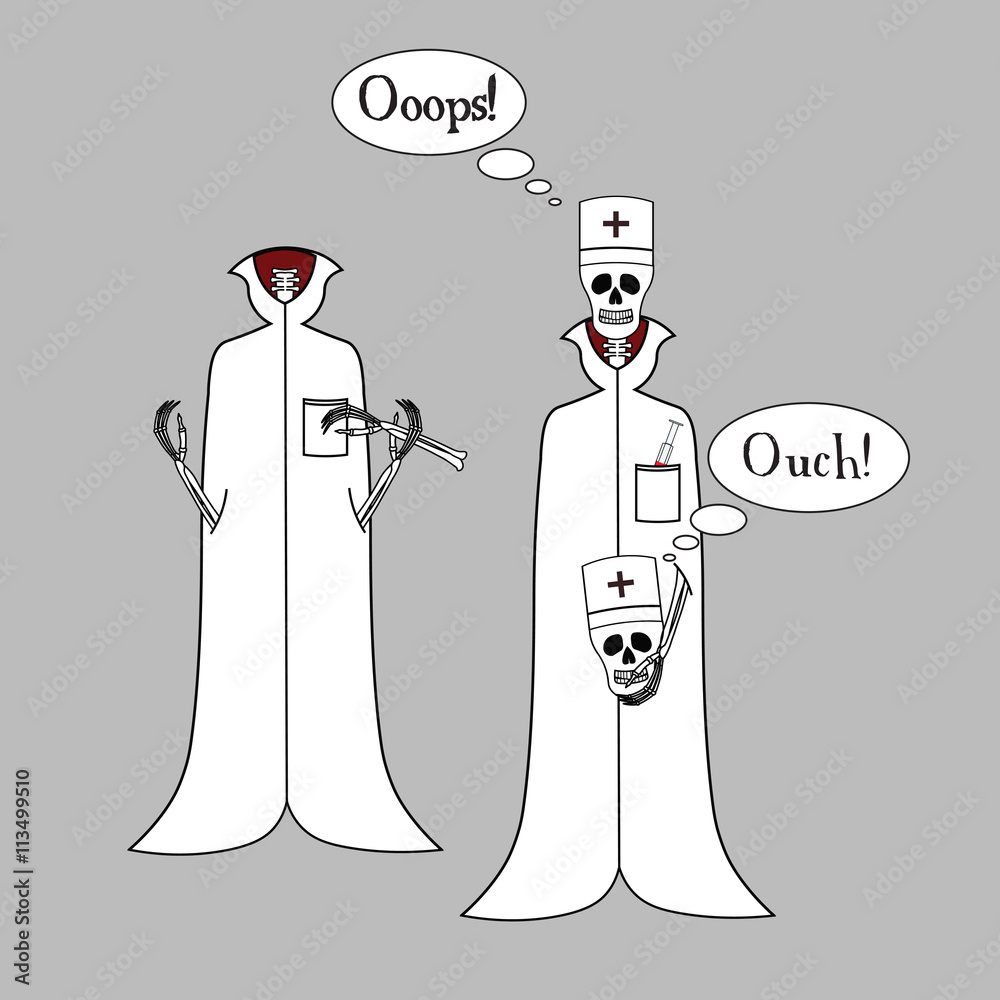 Two skeletons of a doctor. Funny cartoon skeletons doctor. Skeleton ...