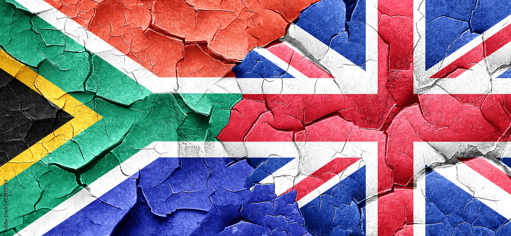 South africa flag with Great Britain flag on a grunge cracked wa Stock ...
