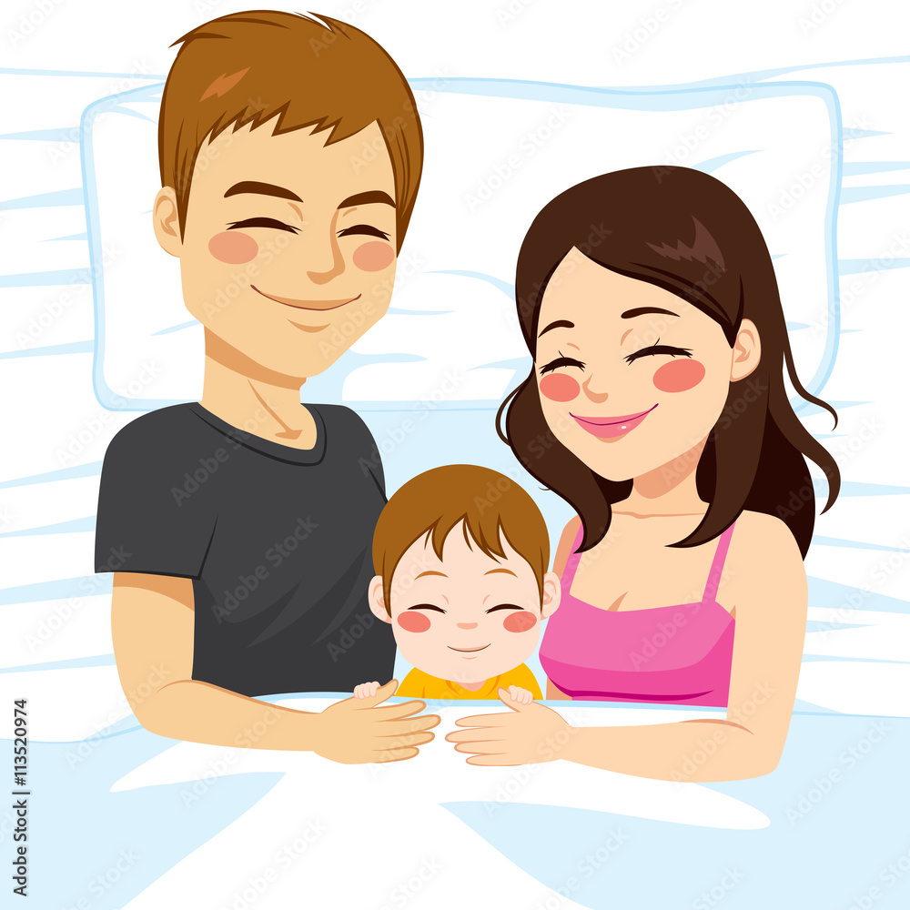 Cute young little family of father mother and baby son together ...